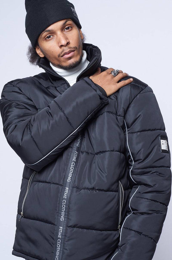 Black Reflective Hooded Puffer Jacket | FitMe Clothing