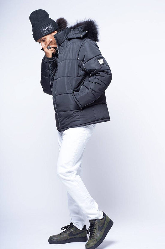 Black Reflective Hooded Puffer Jacket | FitMe Clothing